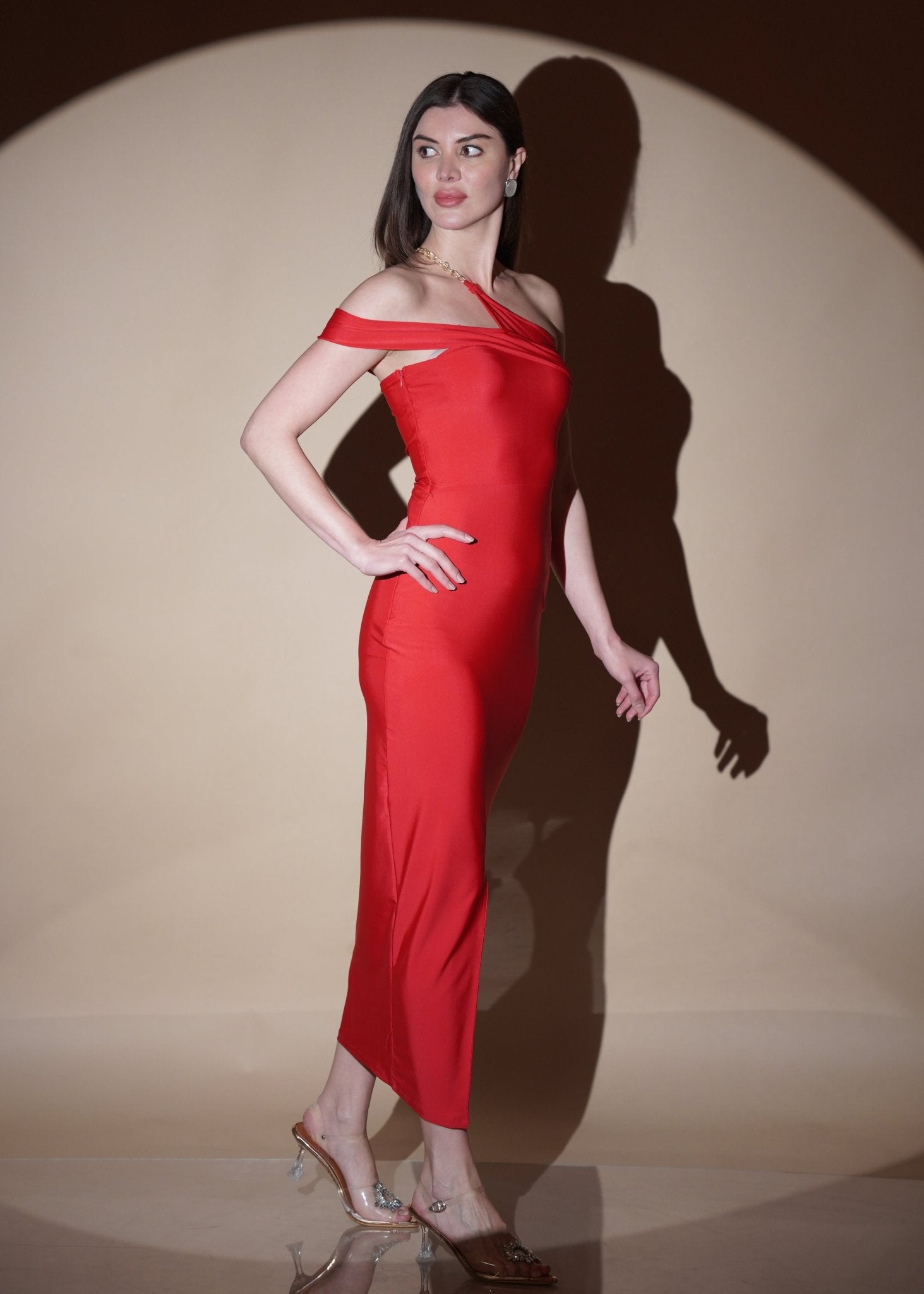 My Rules- Fiery Red One Shoulder Long Dress with Slit – Agáapēe